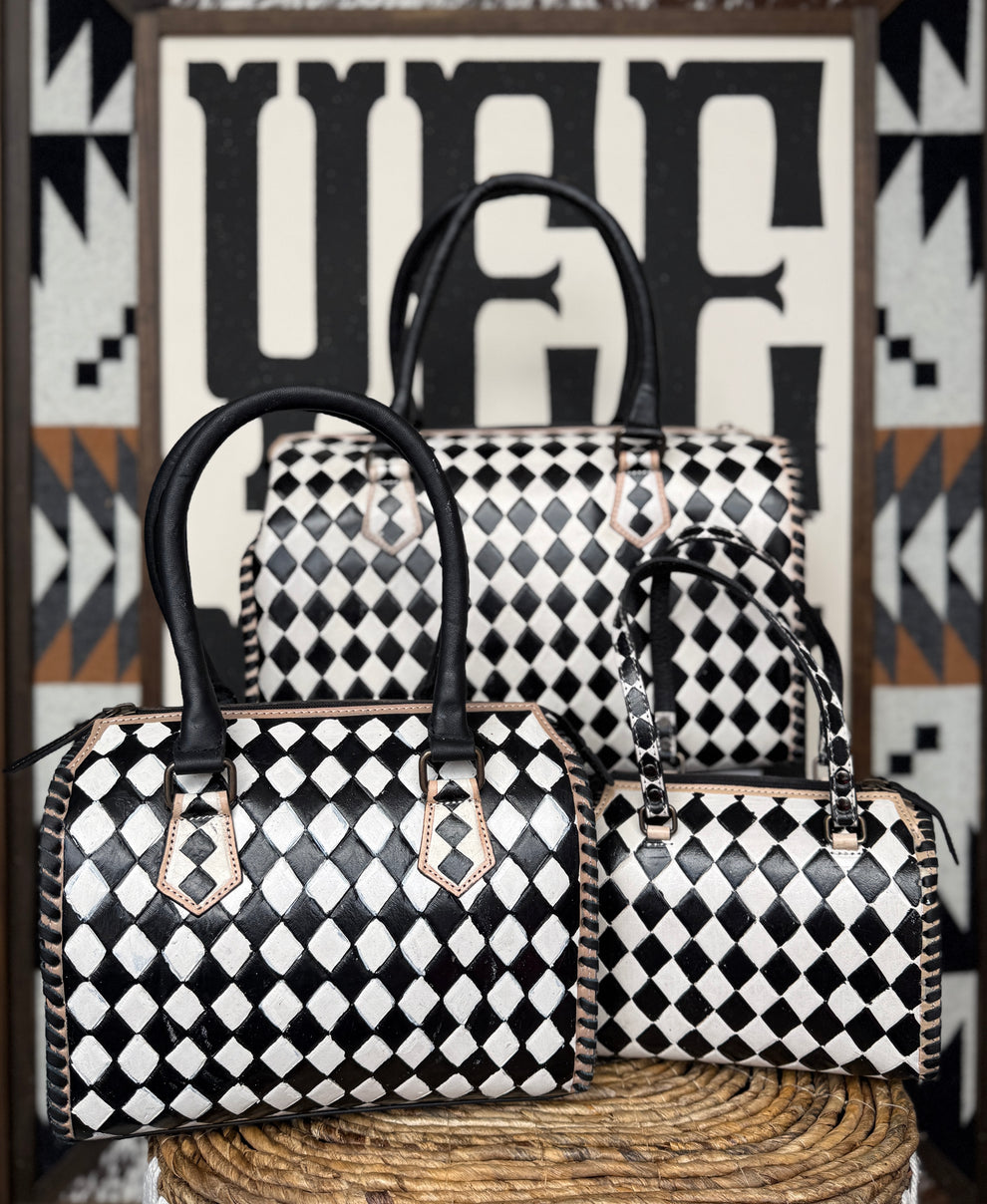 Hand-Painted Genuine Leather Black & White Checkered Speedy Style Bag ...